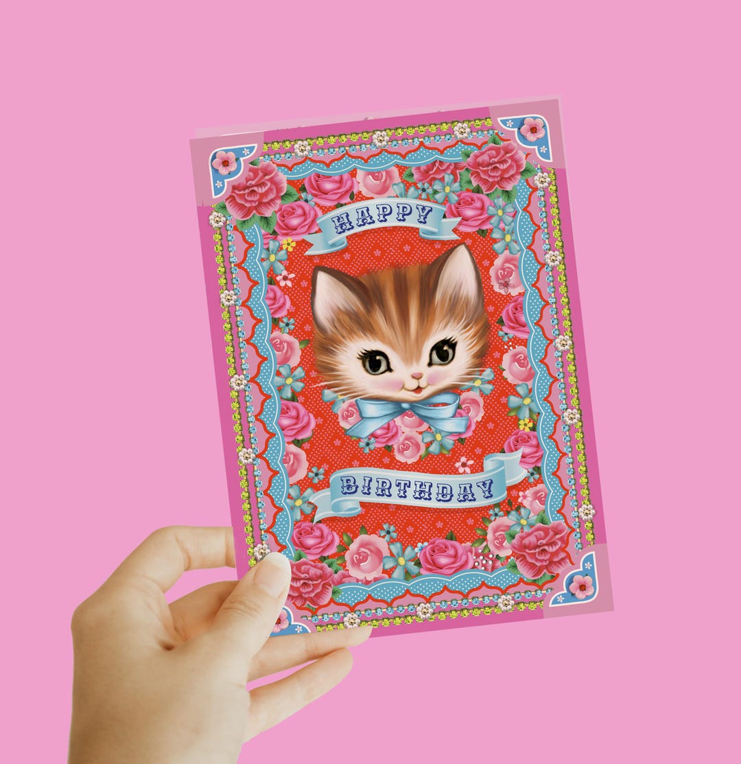 Retro Kitty Birthday Card, Cute Kitty Birthday, Cat Lover Card, Sweet ...