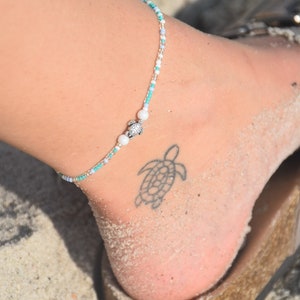 Beaded Turtle Anklet, Stretch Anklet, Blue, Boho Anklet, Beachy Anklet ...