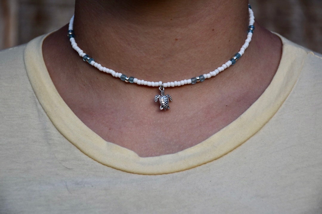 Boho Sea Turtle Beaded Choker With Seed Beads, Turtle Choker, Beaded ...