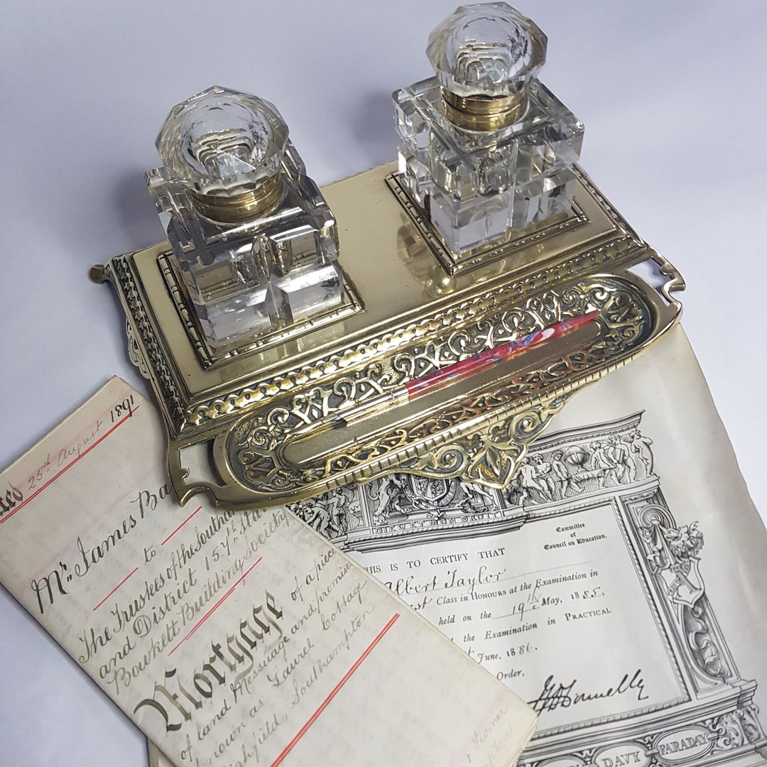 Large Cut Glass Inkwells in an Elaborate Brass Stand With Dip Pens and ...