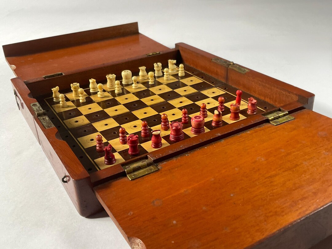 Antique Victorian Mahogany Travel Chess Set – Hand-turned Bone Pieces ...