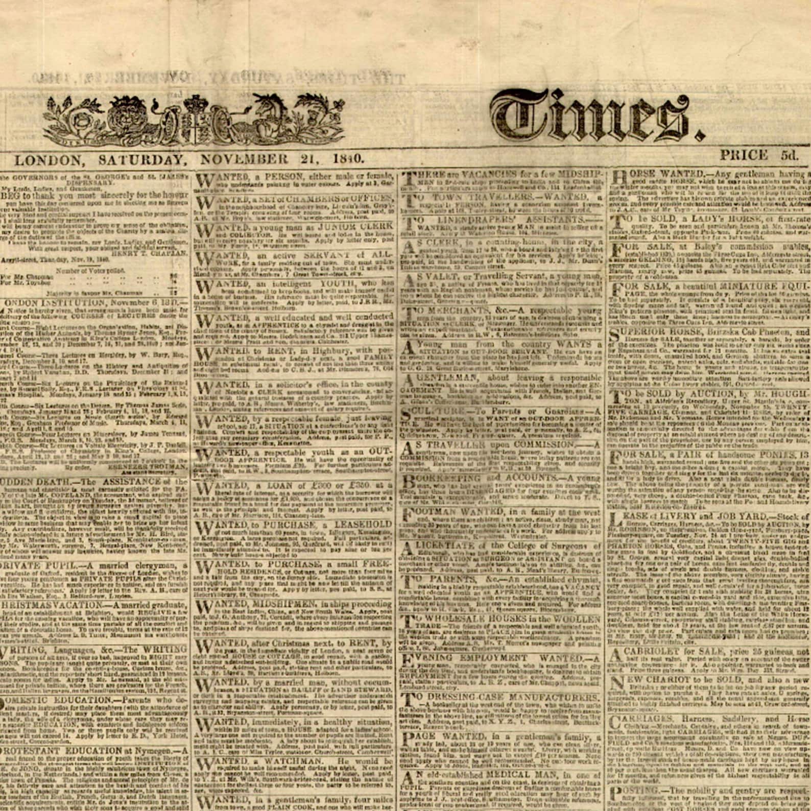 1840 Edition of the Times, London. Antique Newspaper. - Etsy