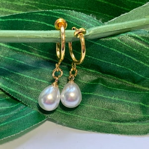 White Pearl Teardrop Hoop Dangle Clip on Earrings, Girls Dangle ...