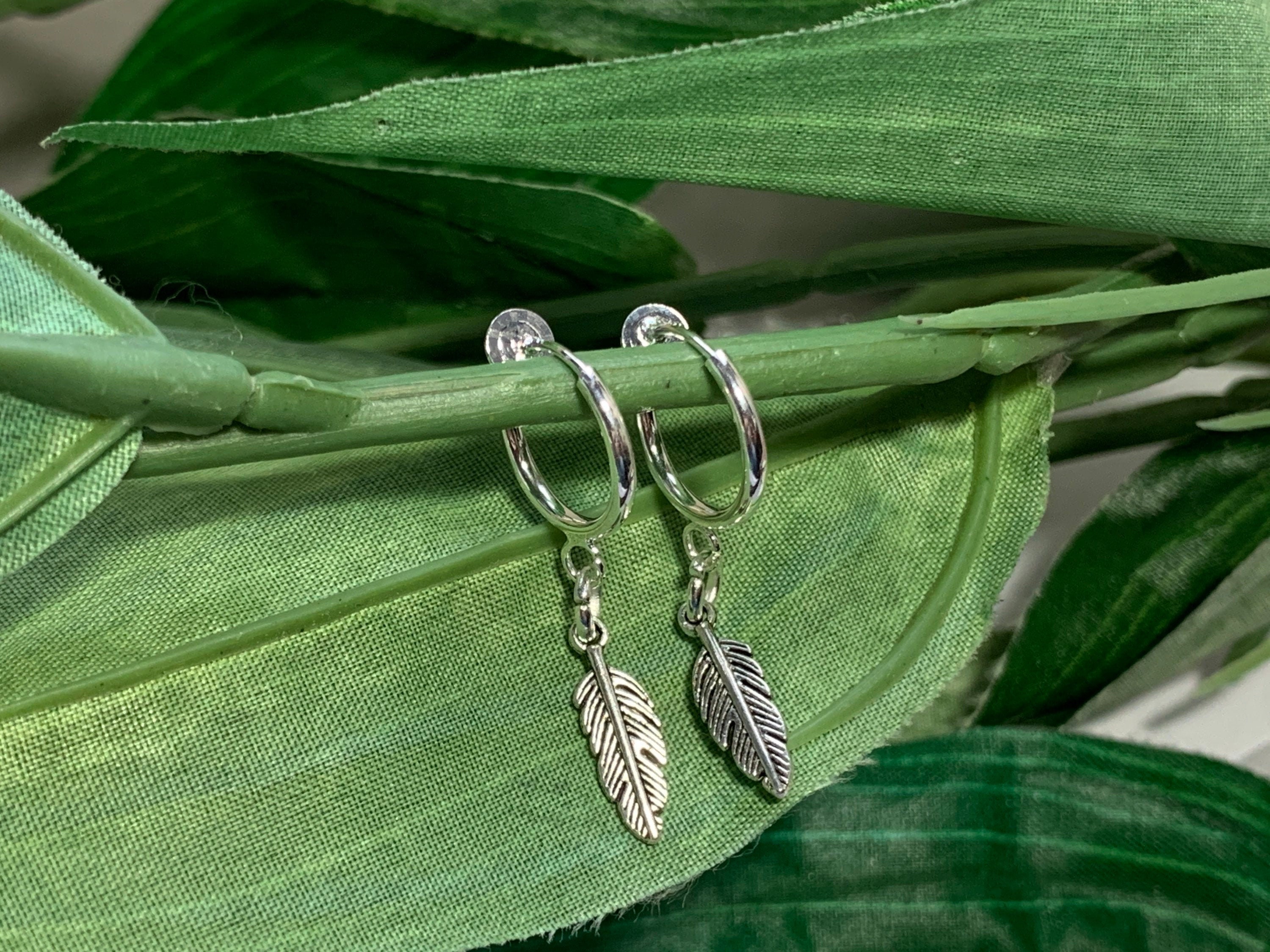 Feather Hoop Dangle Clip on Earrings, Girls Dangle Earrings, Clip on ...