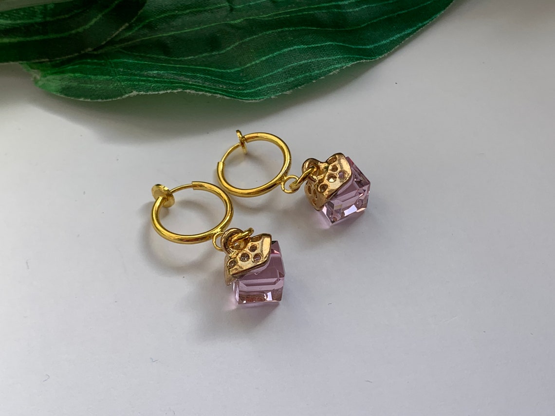 Pink Cube Rhinestone Hoop Dangle Clip on Earrings, Girls Dangle ...