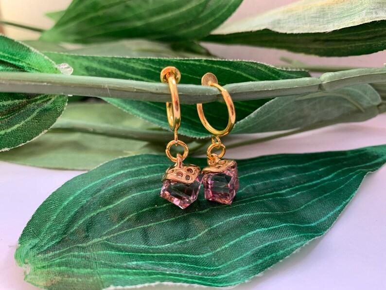 Pink Cube Rhinestone Hoop Dangle Clip on Earrings, Girls Dangle ...