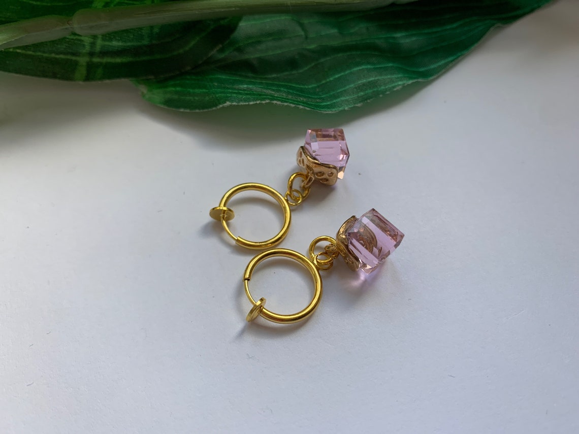 Pink Cube Rhinestone Hoop Dangle Clip on Earrings, Girls Dangle ...