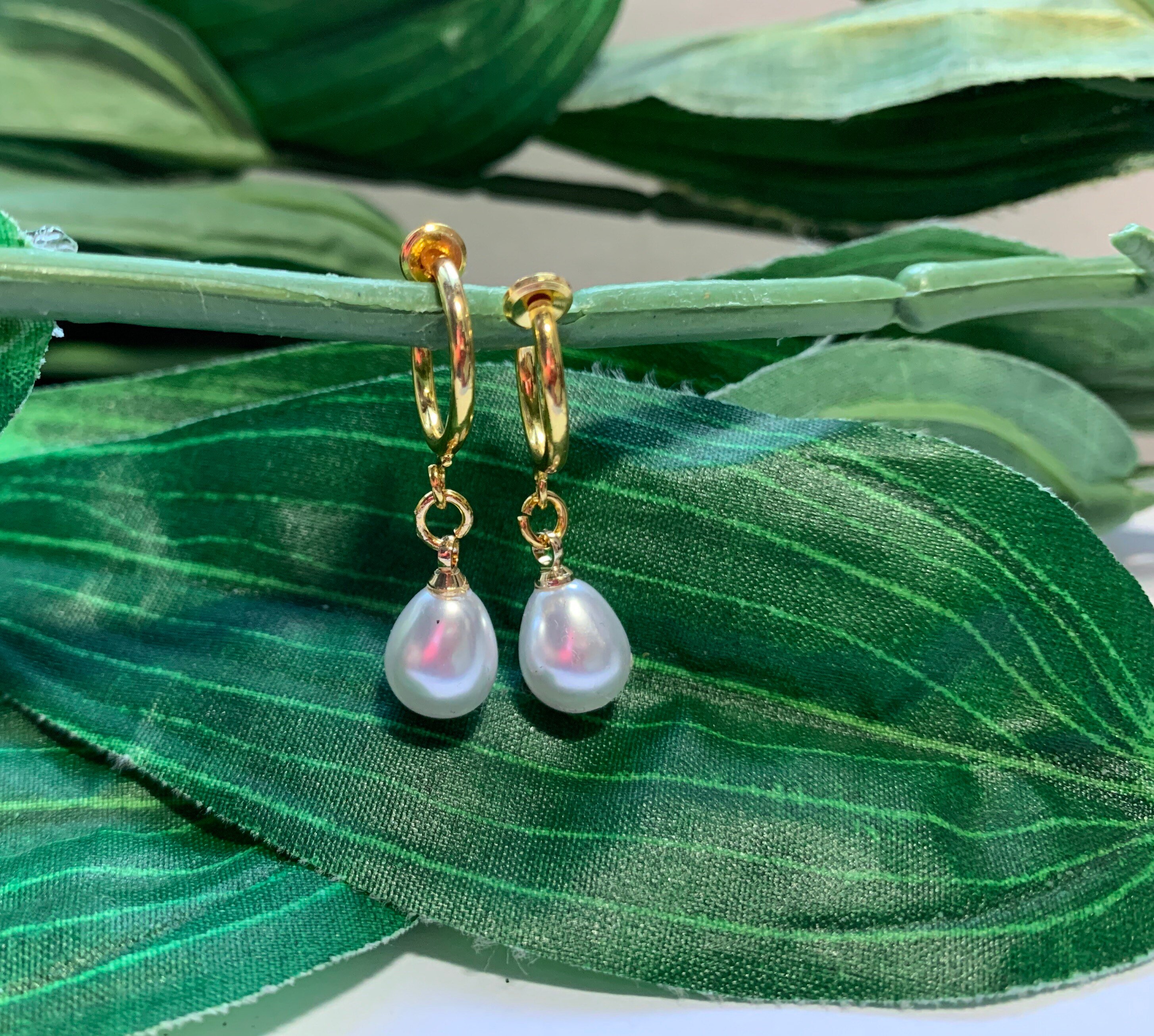 White Pearl Teardrop Hoop Dangle Clip on Earrings, Girls Dangle ...