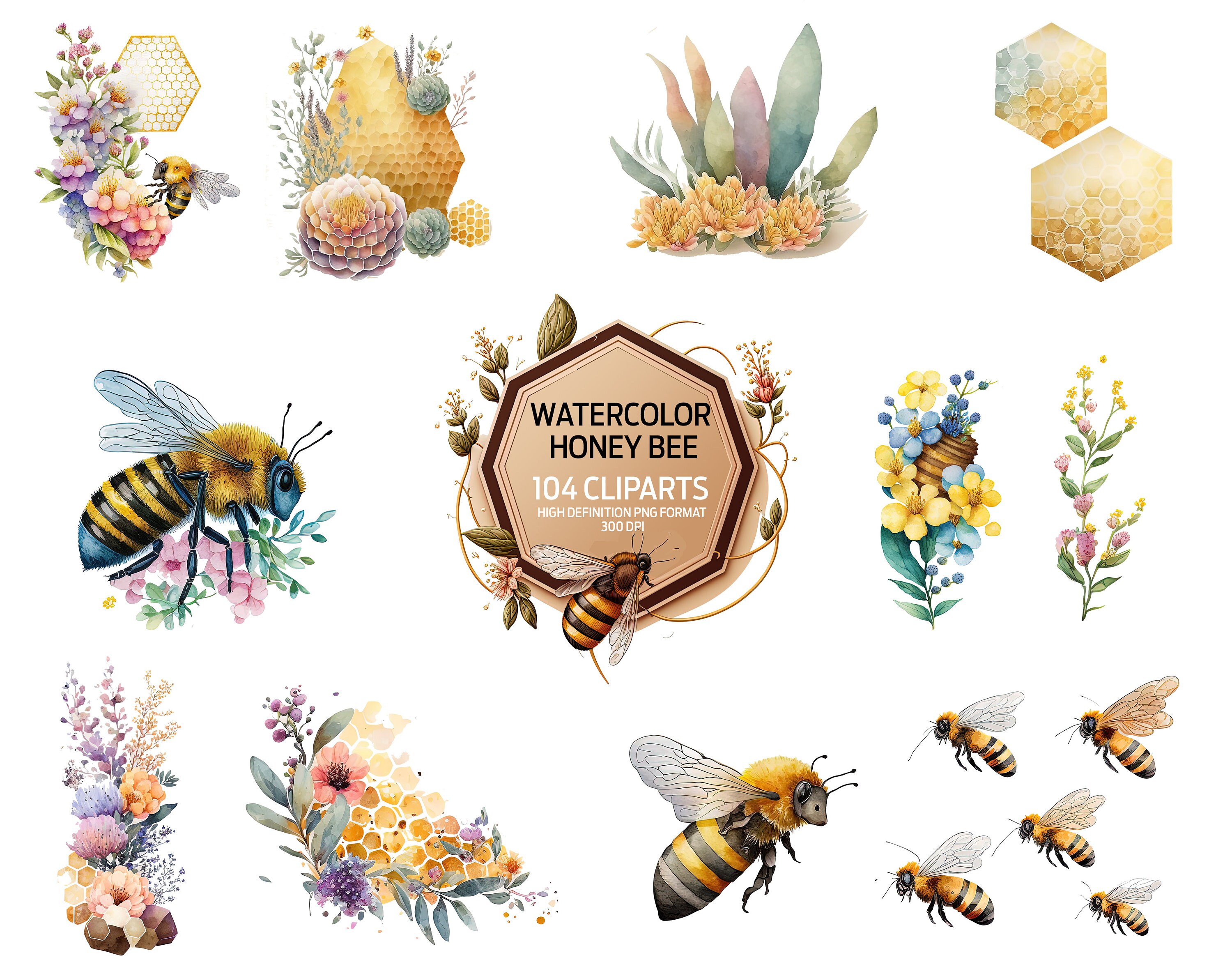 Watercolor Honey Bee Clipart | 104 PNG Designs (commercial Use) - Etsy