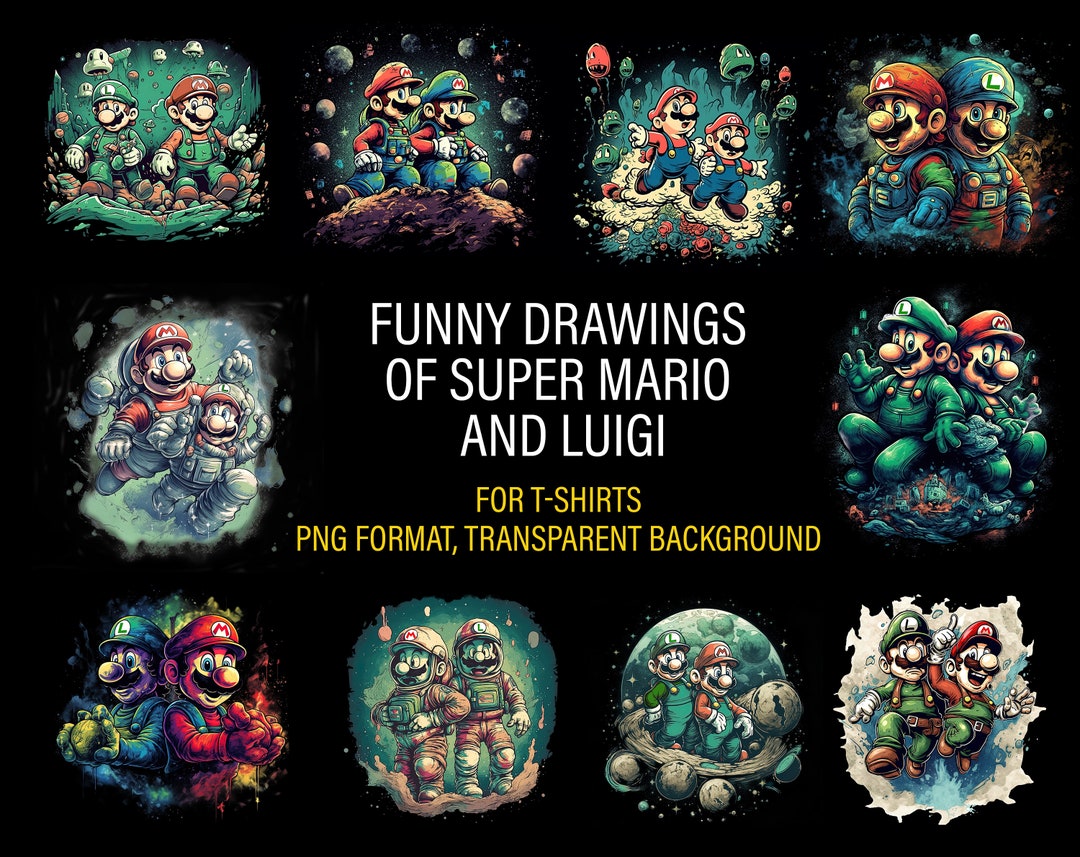 Funny Drawings of Super Mario and Luigi | for T-shirts PNG Format ...