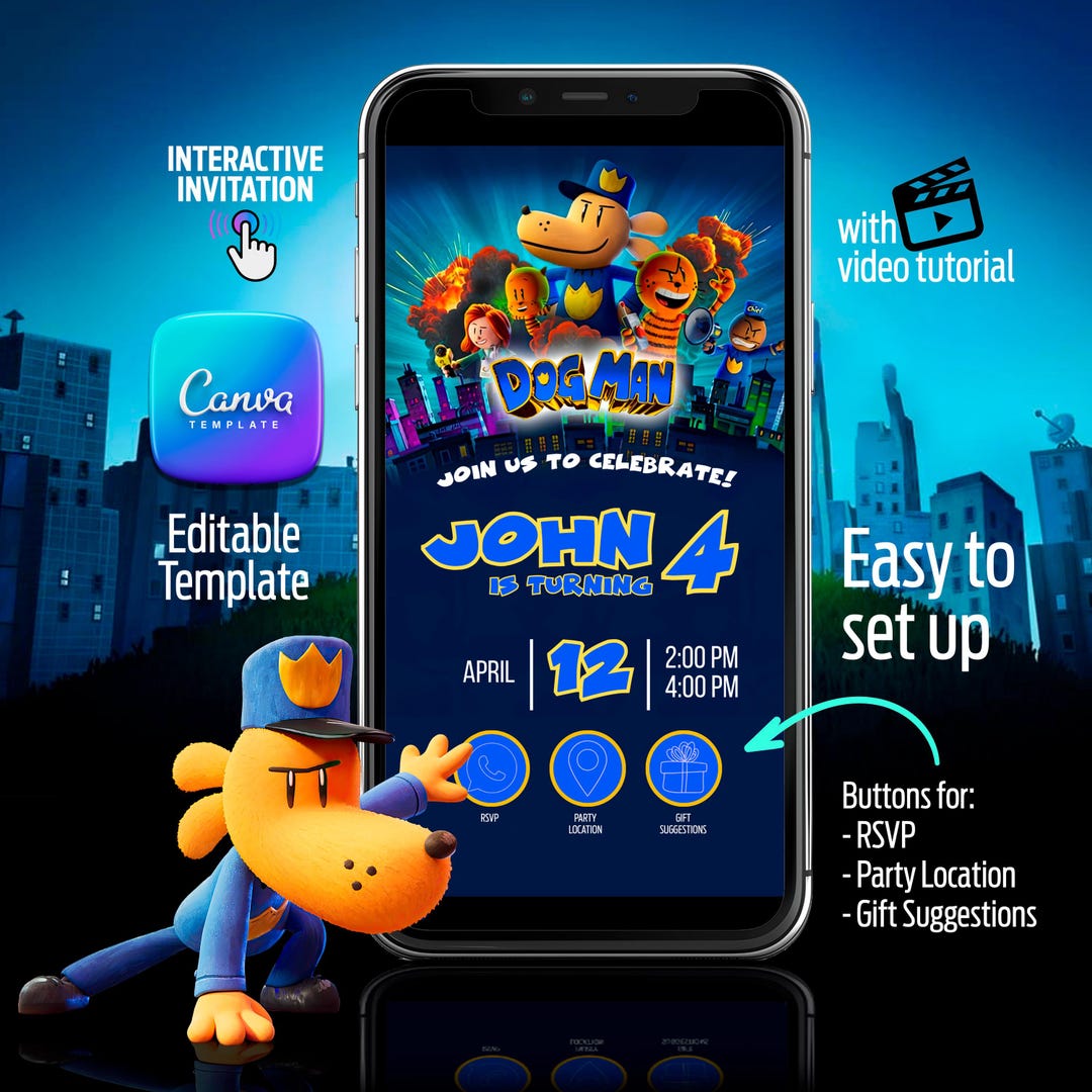 Editable Dog Man Birthday Invitation | Interactive Canva Template ...