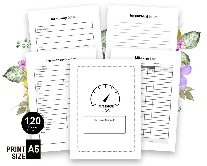 Mileage Log Book A5 Size Printable - Etsy