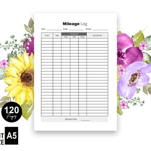 Mileage Log Book | A5 Size | Printable - Etsy