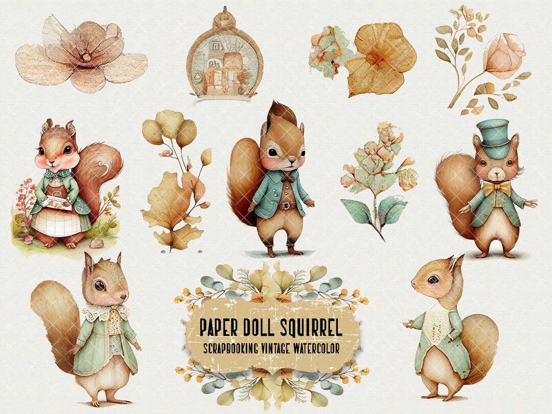 Paper Doll Squirrel | Scrapbooking Vintage Watercolor | PNG Format ...