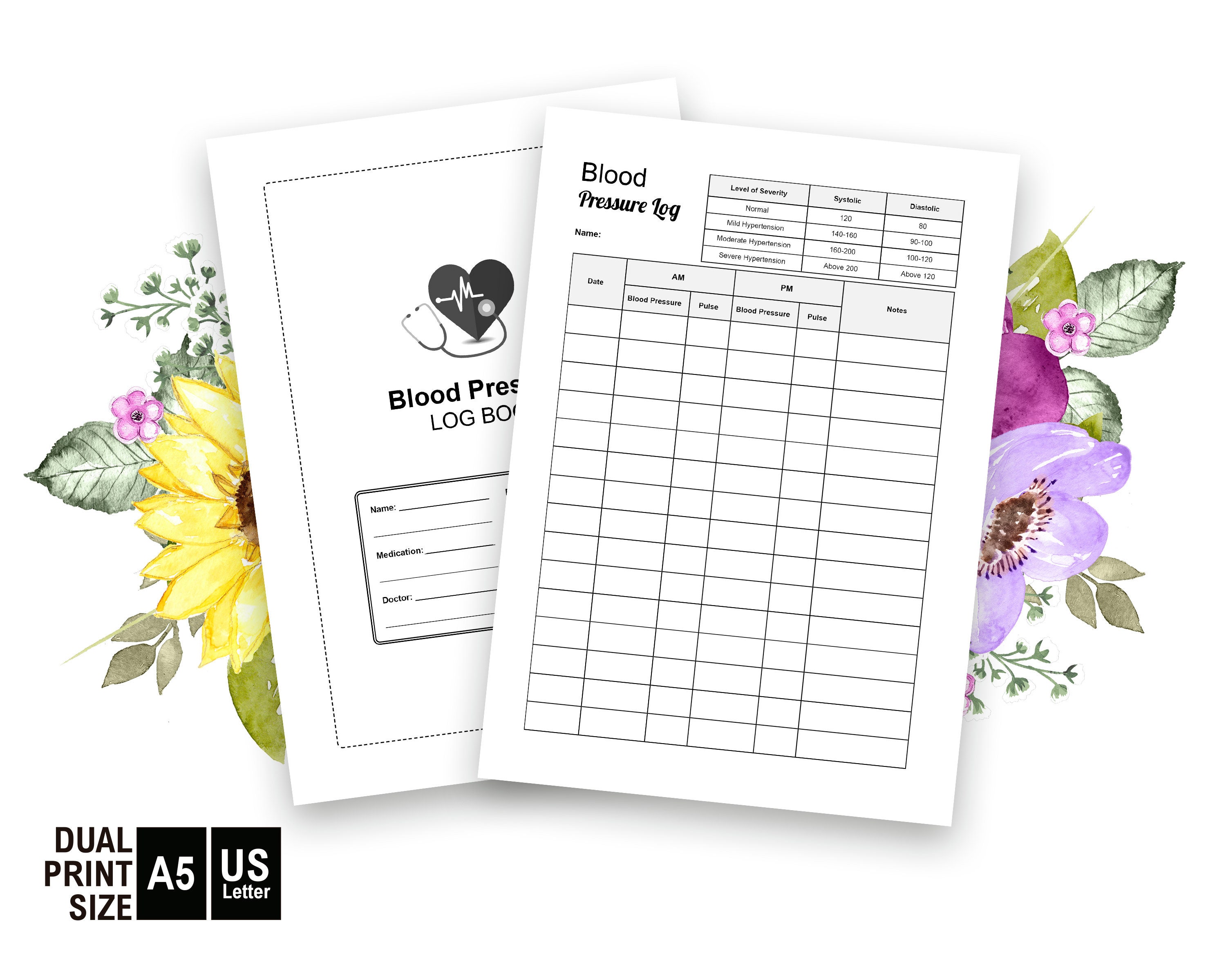 Blood Pressure Log Book Printable A5 & Letter Size | Etsy