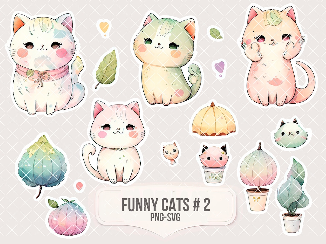 Funny Cats Clipart #2 | Cute Cat Clipart Kawaii Kitten Doodle Kitten ...