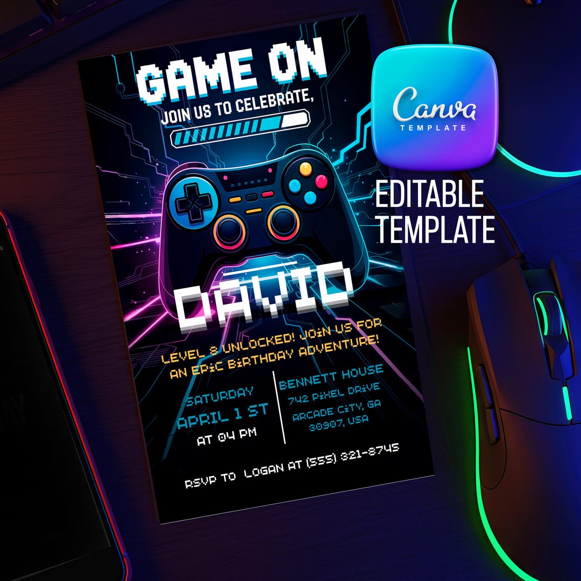 Gamer Birthday Invitation Template – Editable Video Game Party Invite ...