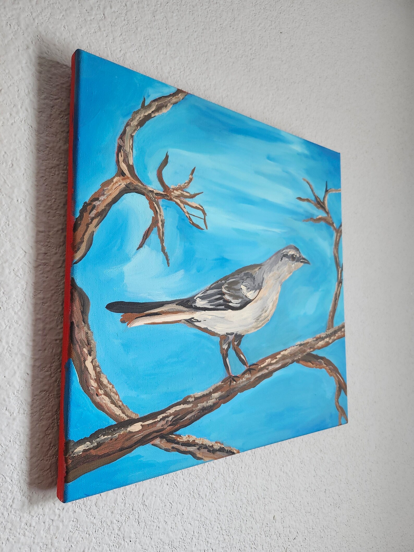Mockingbird Painting, Bird Art, Acrylic on Canvas, Texas Mockingbird ...