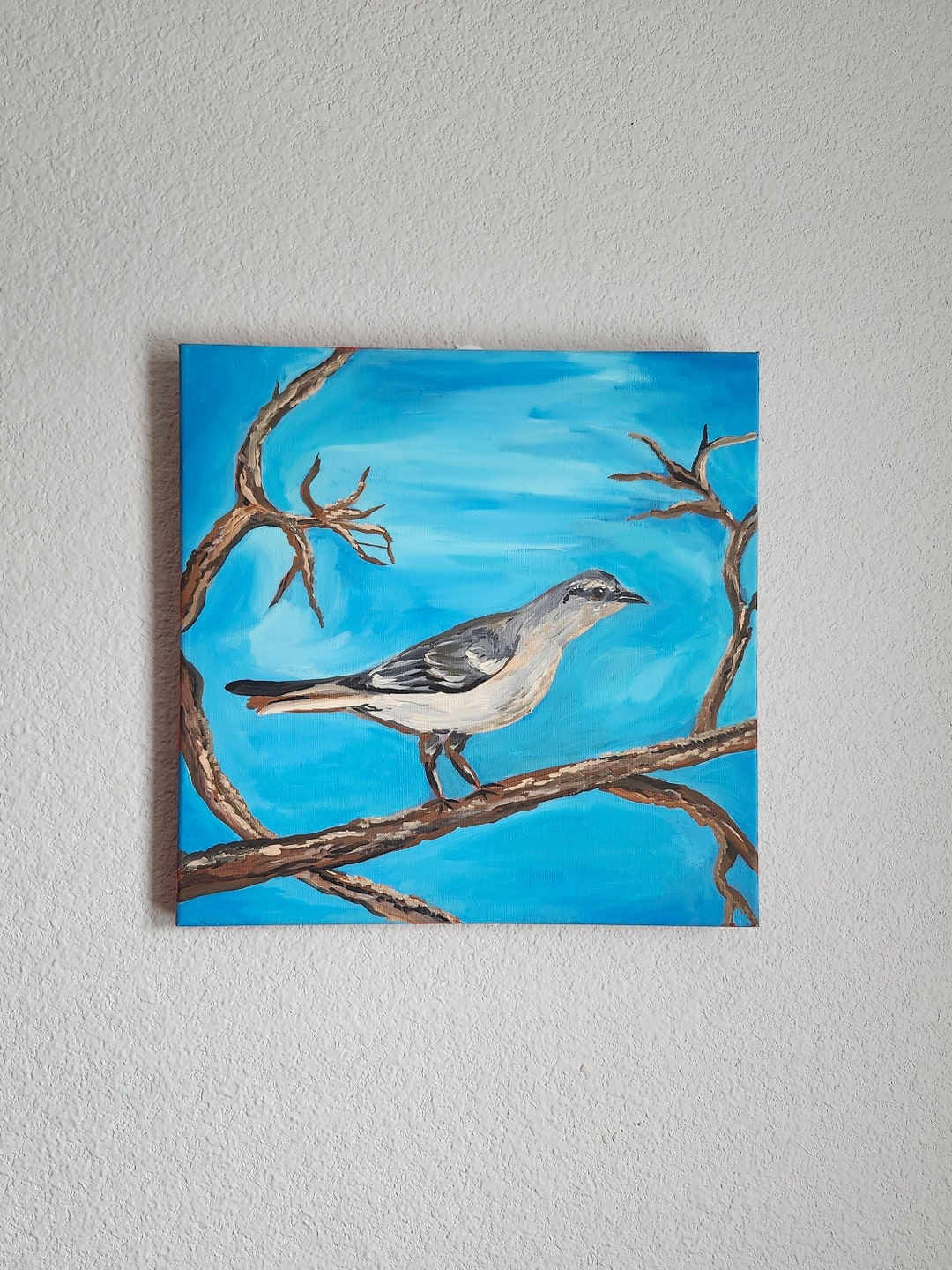 Mockingbird Painting, Bird Art, Actylic on Canvas, Texas Mockingbird ...