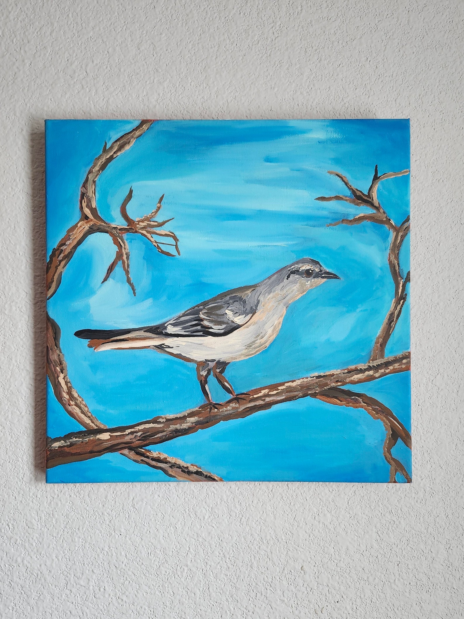 Mockingbird Painting, Bird Art, Acrylic on Canvas, Texas Mockingbird ...