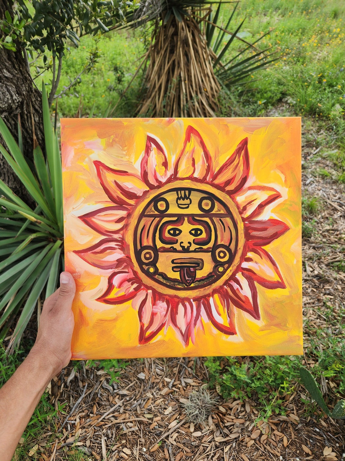 Aztec Sun Painting Acrylic on Canvas 14x14 Inches Chicano Art Decor - Etsy