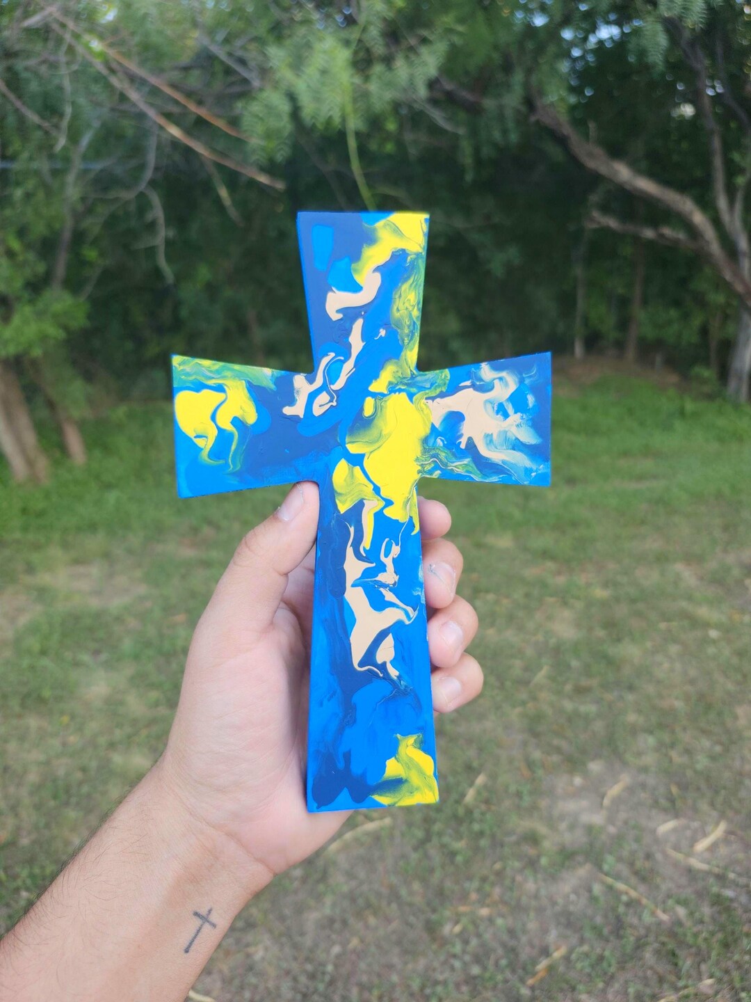 Yellow Hand-painted Cross Blue | Colorful Crucifix for Home Mounted ...