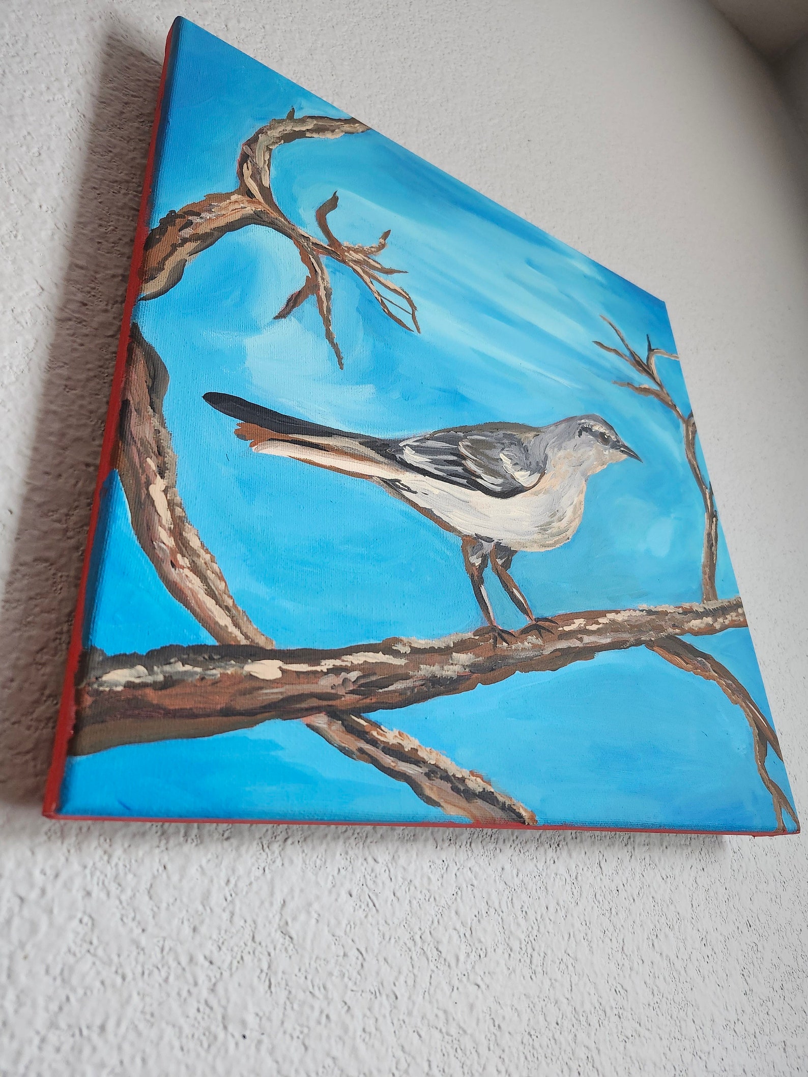 Mockingbird Painting, Bird Art, Acrylic on Canvas, Texas Mockingbird ...