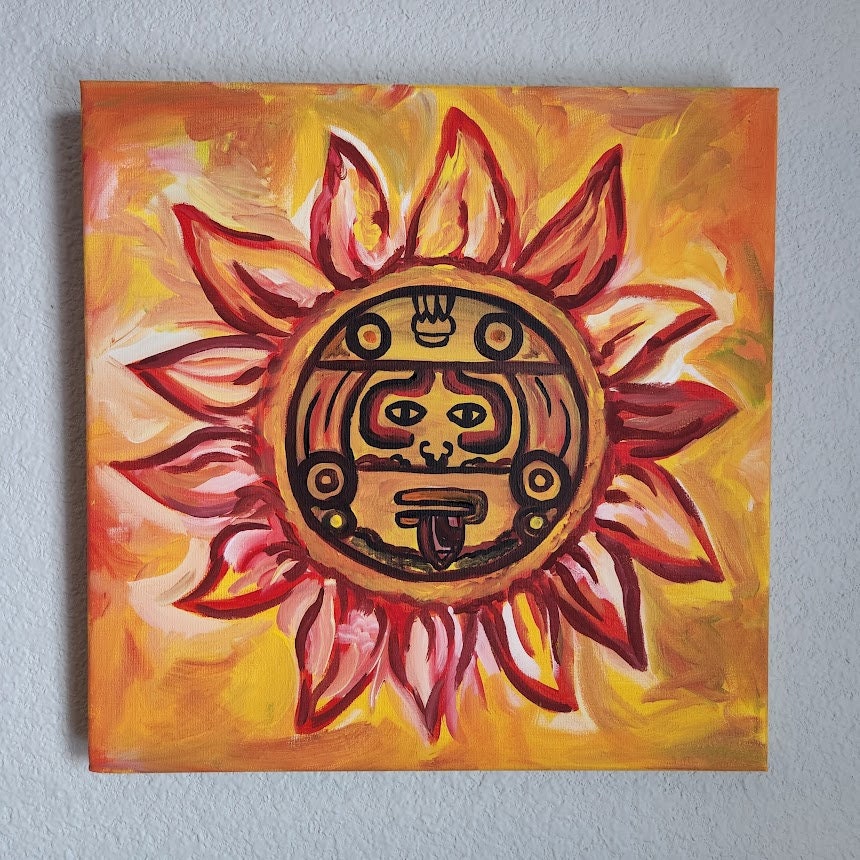 Aztec Sun Painting Acrylic on Canvas 14x14 Inches Chicano Art Decor - Etsy