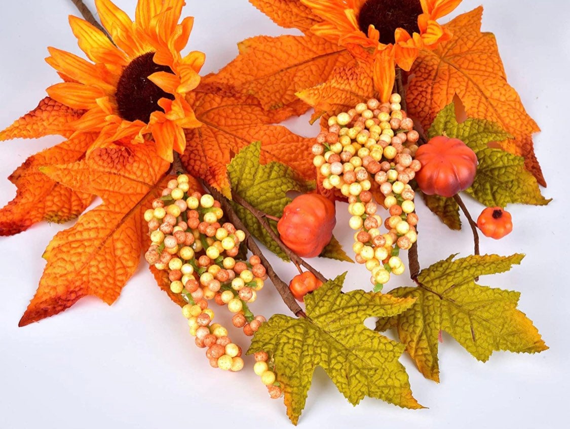 Fall Sunflower Maple Leaf Pumpkin and Berry Stem Fall Leaves | Etsy