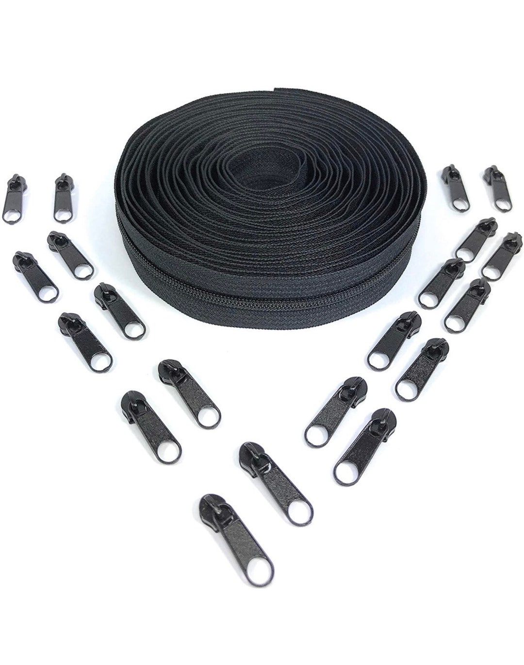 Zippers - Black Cut to Size Zippers and Pulls - 5 Yards 20 Zipper Pulls ...