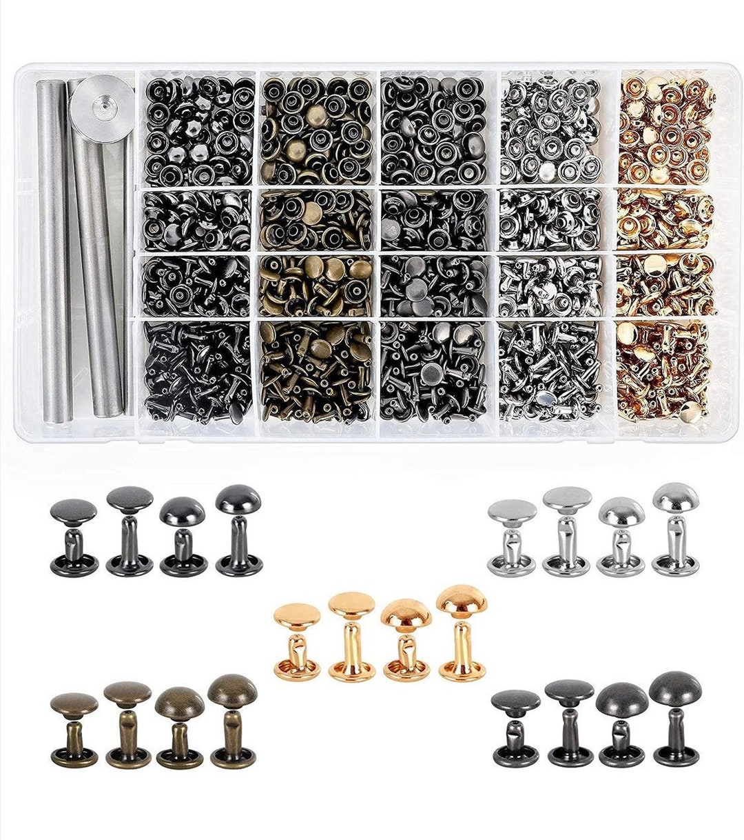 9mm Dome and Cap Rivet Kit - 480 Sets Mushroom and Double Cap Rivets ...