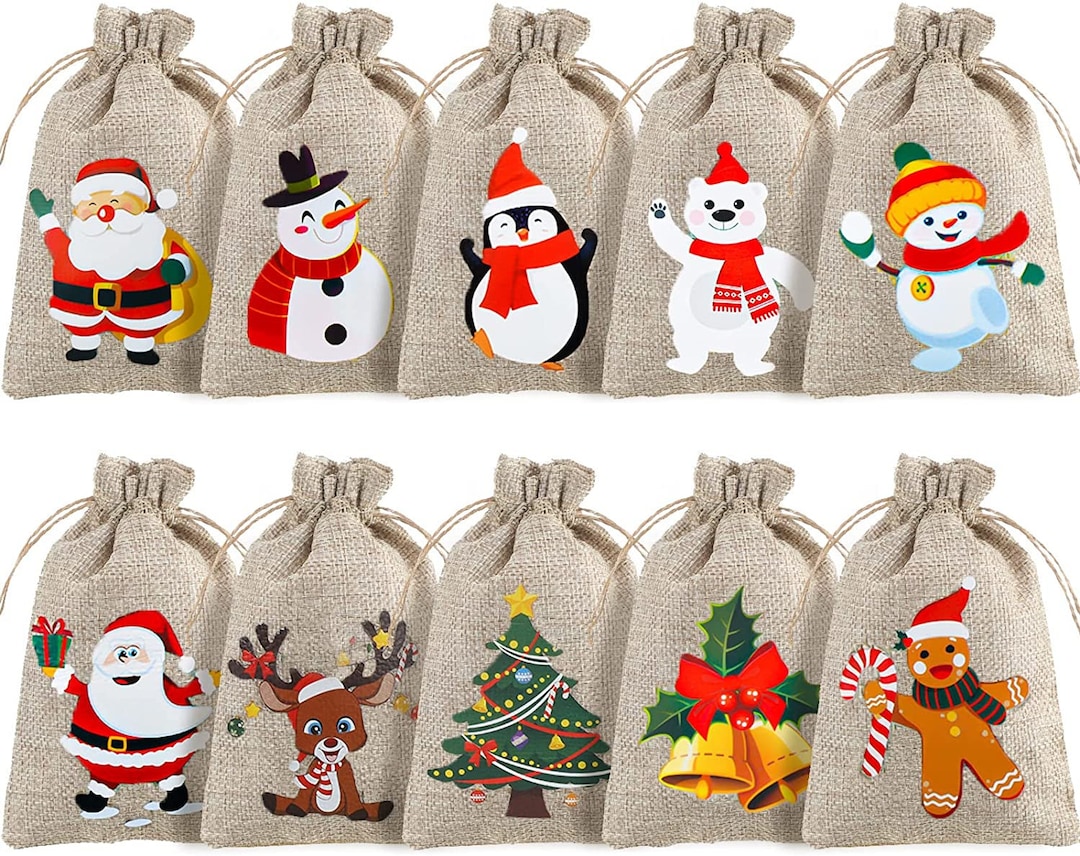 Christmas Gift Bags - 10ct Burlap Treat Bags - Drawstring Bags With ...