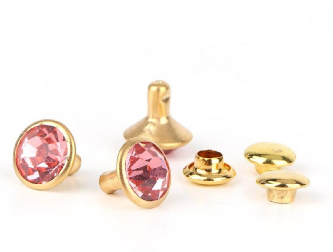 Light Rose Pink Rhinestone Rivets - 20 8mm Gold Post Crystal Rivets ...