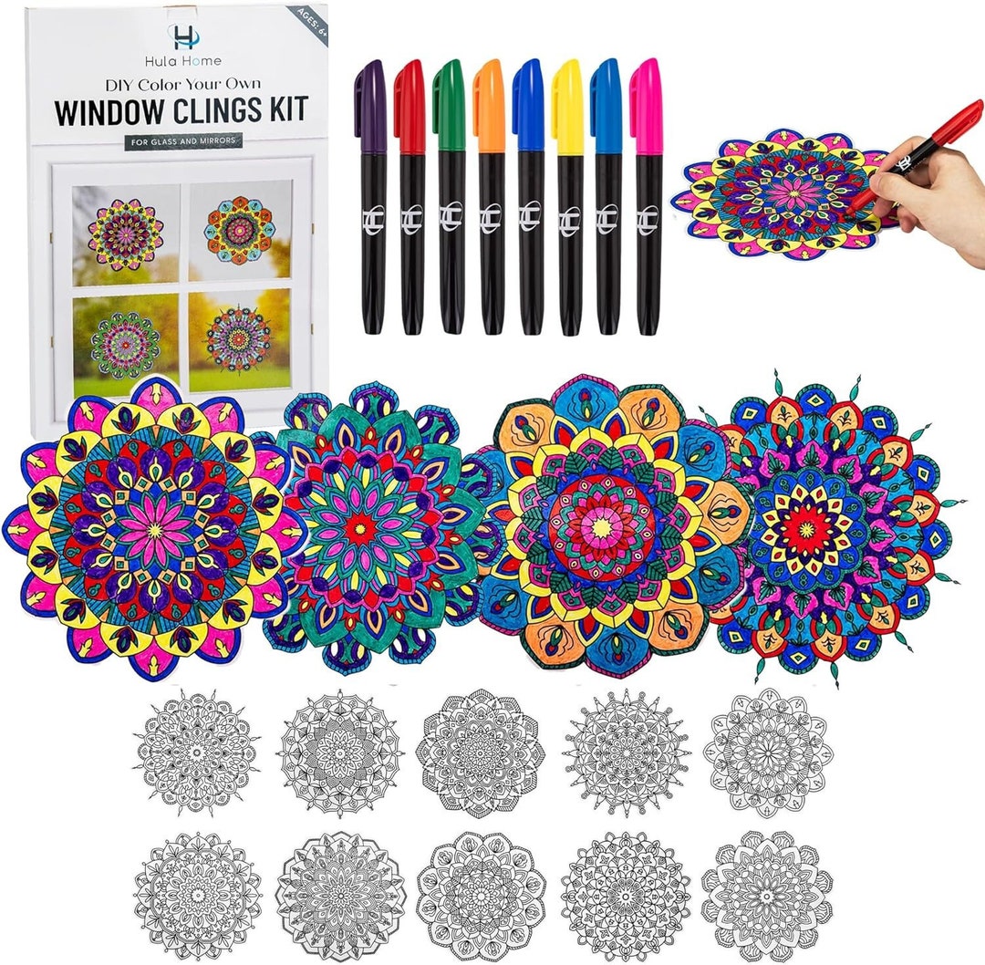 Stained Glass Mandala Art Kit - DIY Window Clings With Markers, 10 ...
