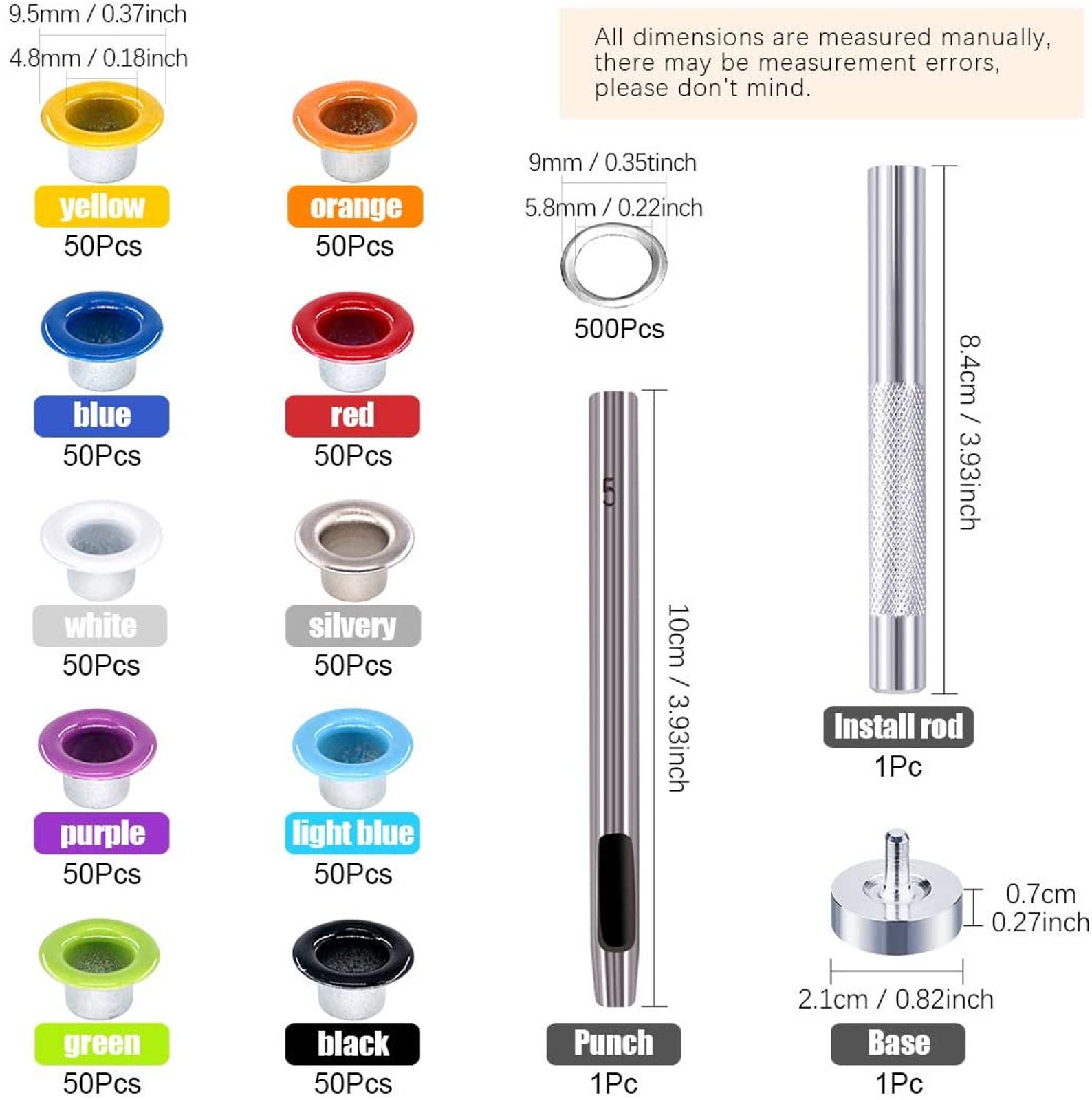 Colored Grommet Kit - 500pc 3/16" With Hammer - 5mm Eyelets With ...