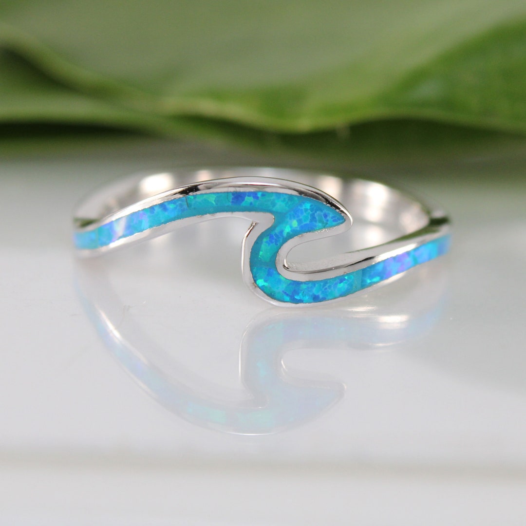 Sterling Silver Blue Opal Wave Ring, Ocean Wave Ring, 925 Silver Hawaiian Ring, Friendship Ring ...