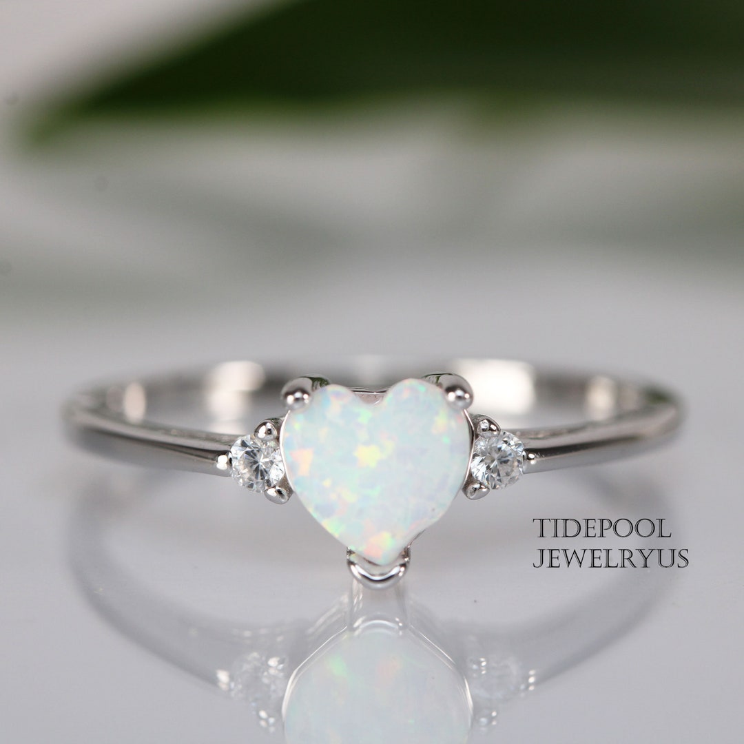 Sterling Silver Opal Heart Ring, Love Ring, Dainty Heart Ring, Gift for ...