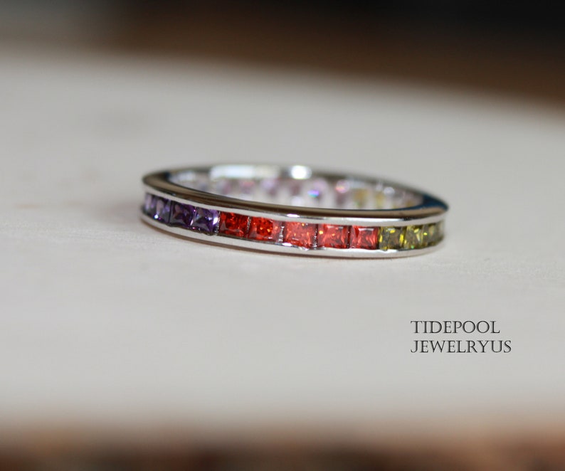 Sterling Silver Rainbow Gem Stone Ring Assorted Colorful Band - Etsy