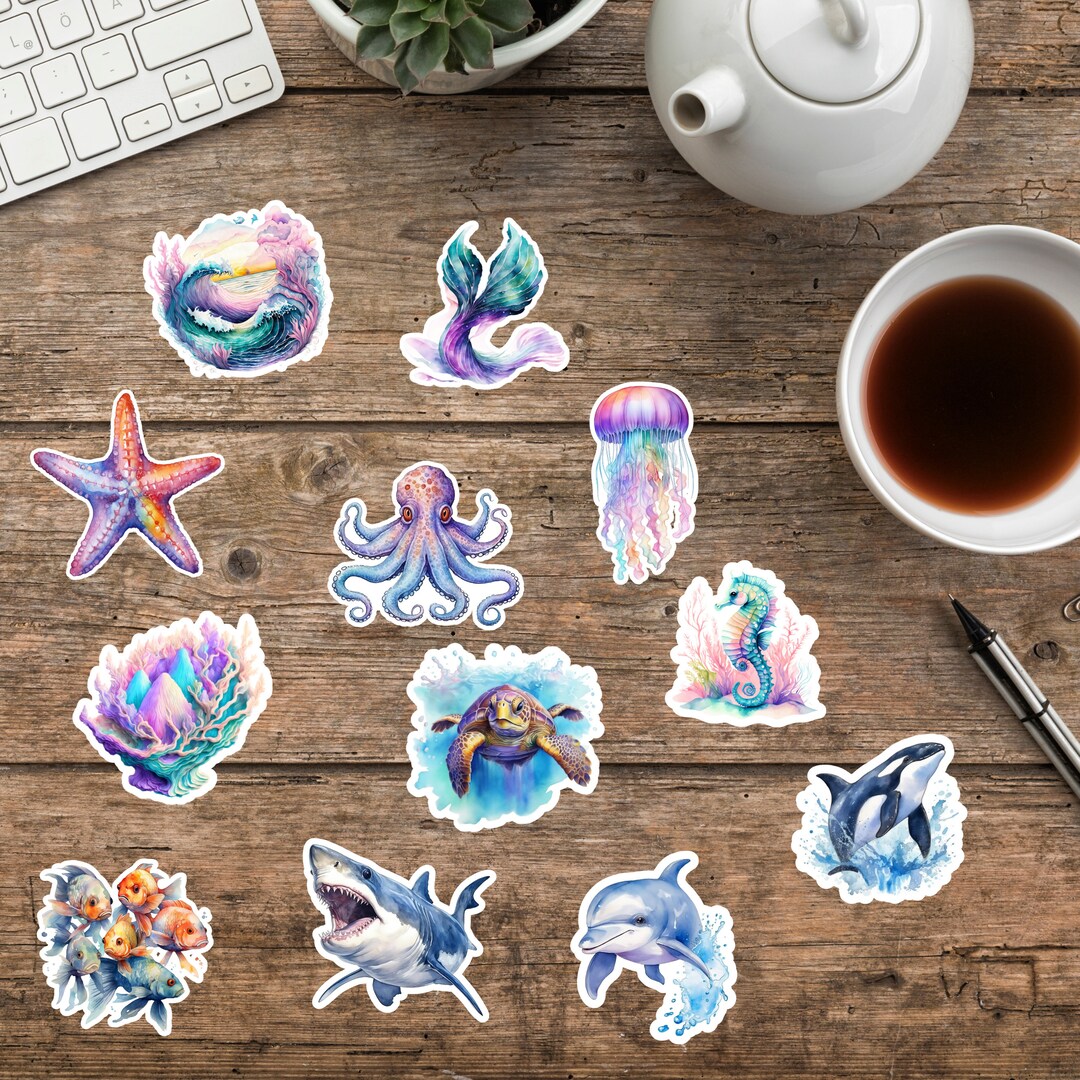 Whimsical Ocean Creatures Sticker Set on Clear or Solid Vinyl, Sea ...