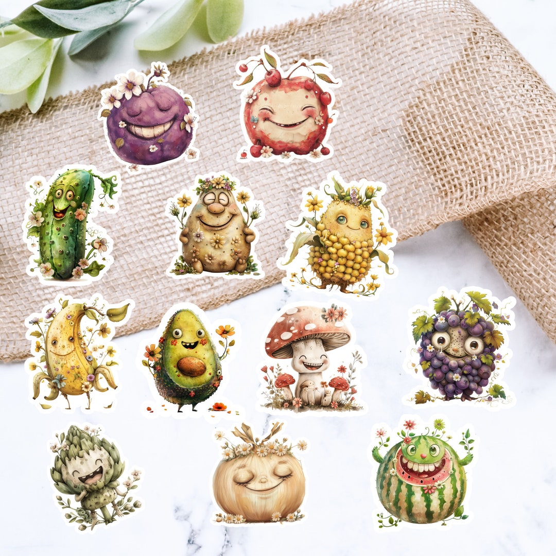 Gardening Sticker Set, Whimsical Happy Fruits and Veggies Decals ...
