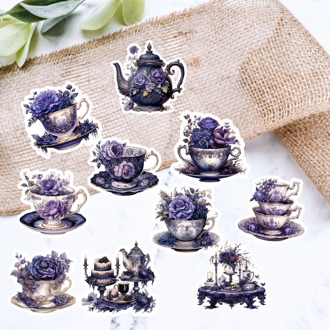 Floral Teacup Sticker Set of 10 Whimsical Tea Cups With Purple Roses ...