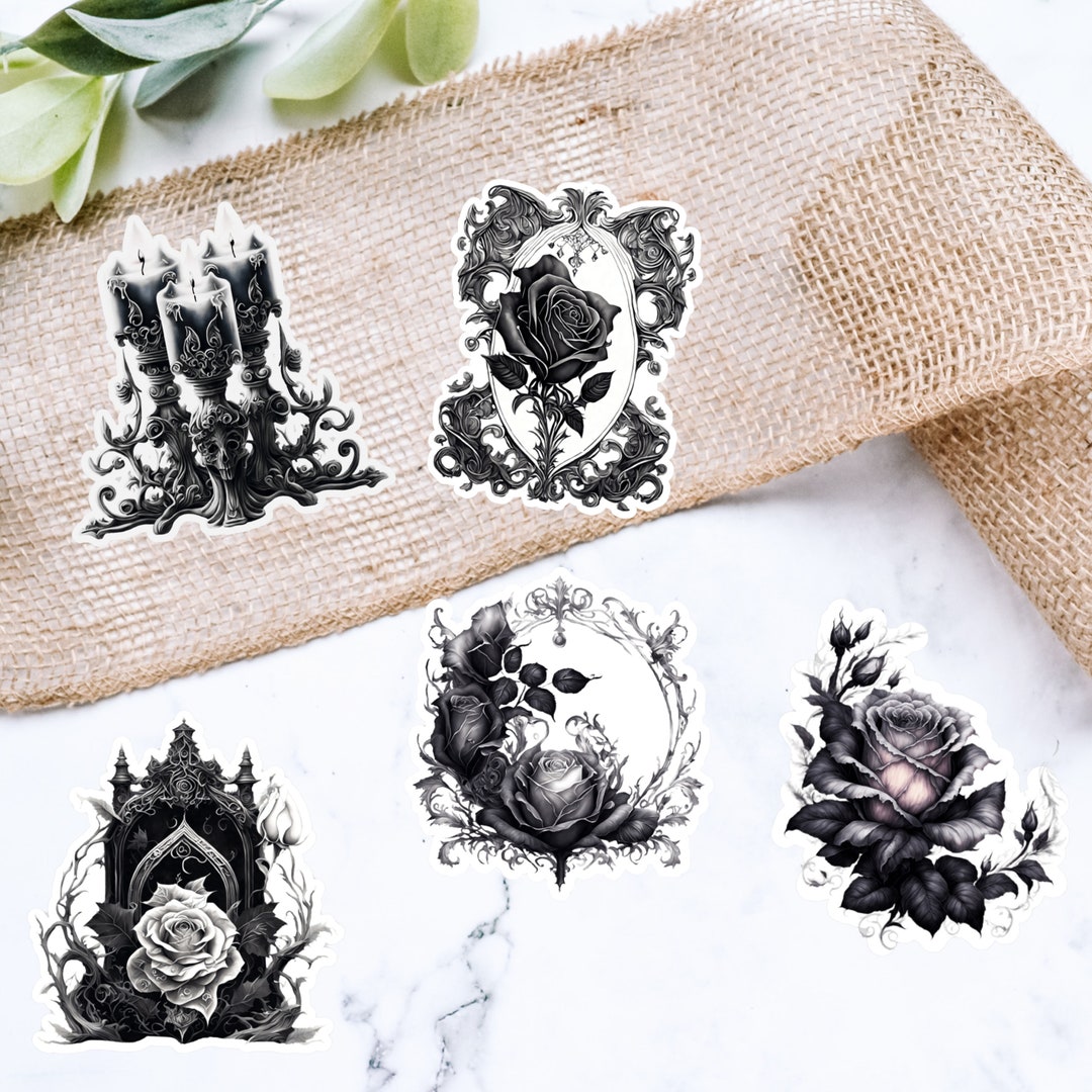 Whimsical Gothic Floral Sticker Set, Greyscale Stickers for Laptops ...