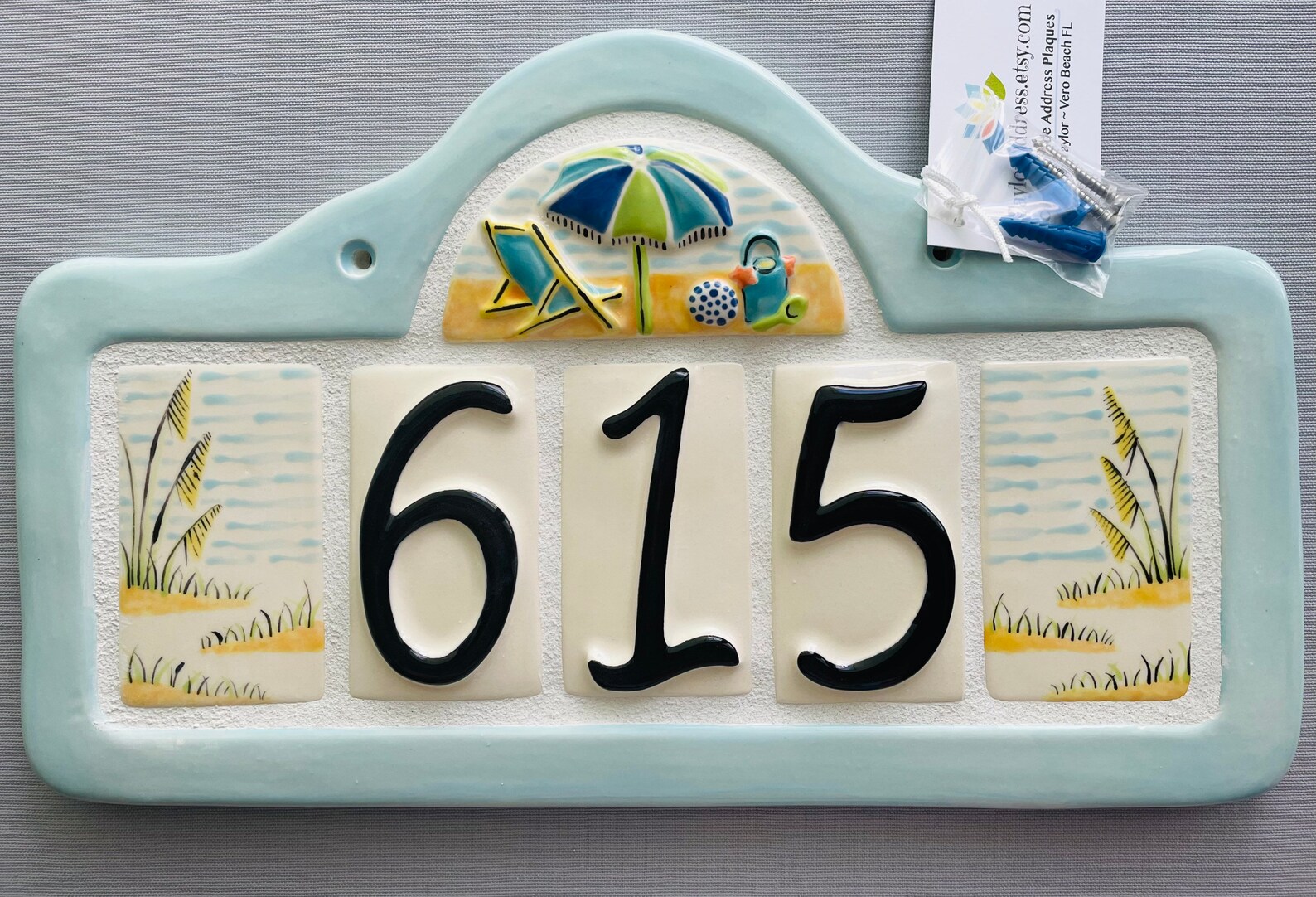 Beach Address Plaque With 3 Numbers + Sea Oats End Tiles - Custom ...