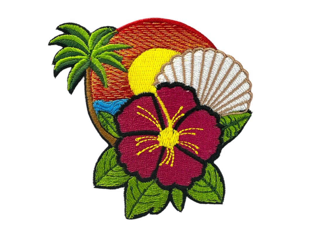 Tropical Sunset Vibes: Palms, Shells and Island Blooms Embroidered Iron ...