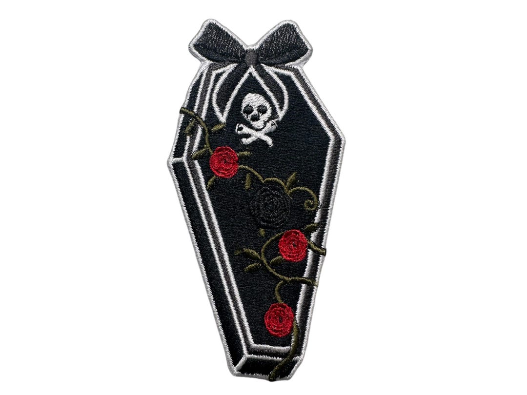 Coquette Black Bow Patch Coffin W/roses Embroidered Iron-on - Etsy