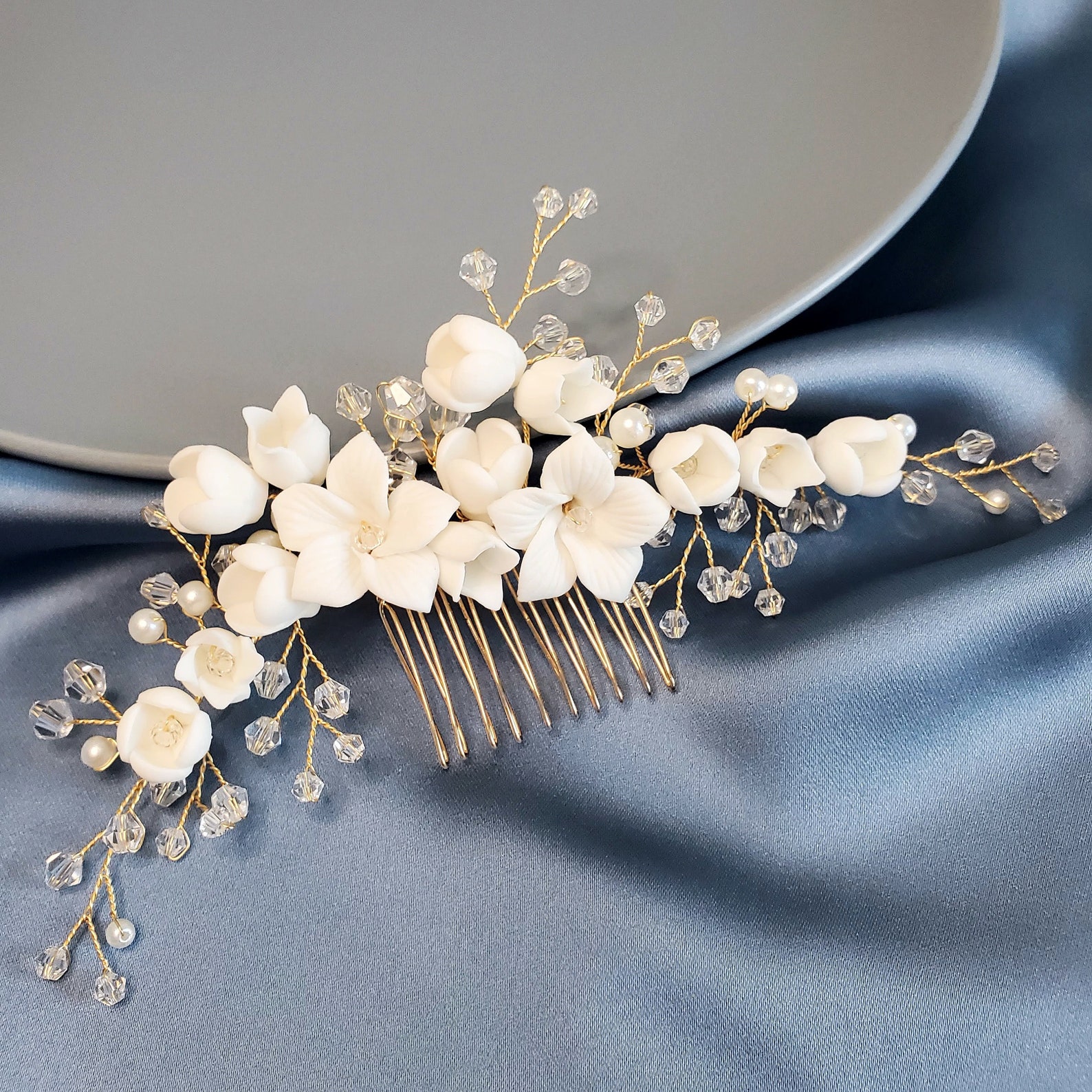 Bridal Ceramic Floral Headpiece Comb Gold Veil Comb Large - Etsy