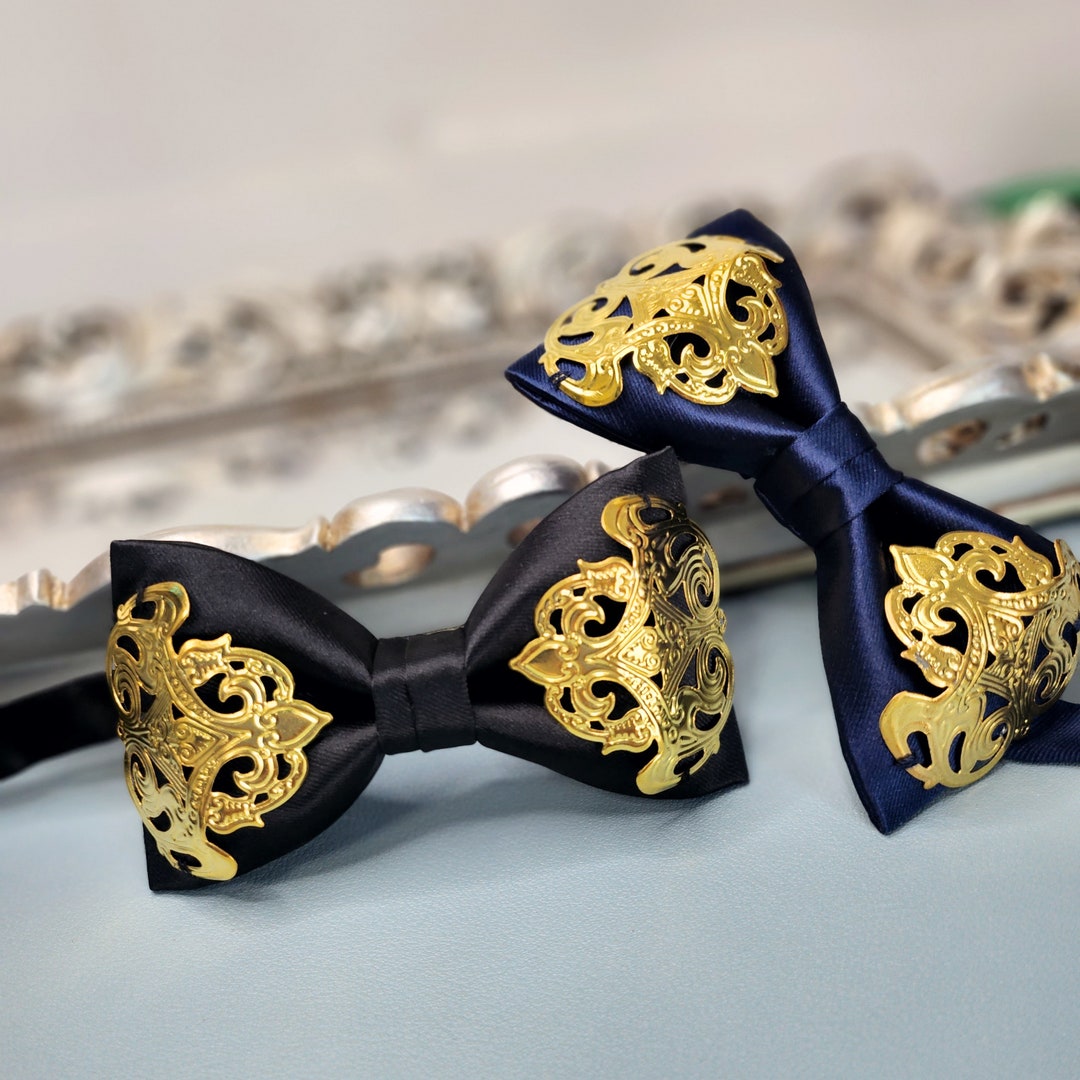 Groom Silky Satin European Navy Blue Gold Back Bow Tie Pre-tied Bowtie ...