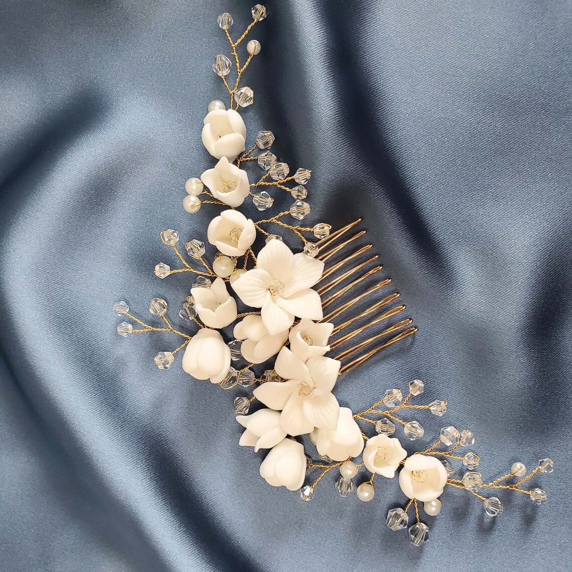Bridal Ceramic Floral Headpiece Comb Gold Veil Comb Large - Etsy