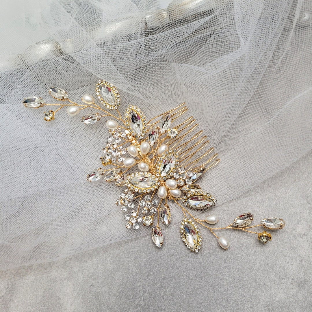 Handmade Bride Floral Headpiece Gold Sparkly Tear Drop Crystal Pearl ...