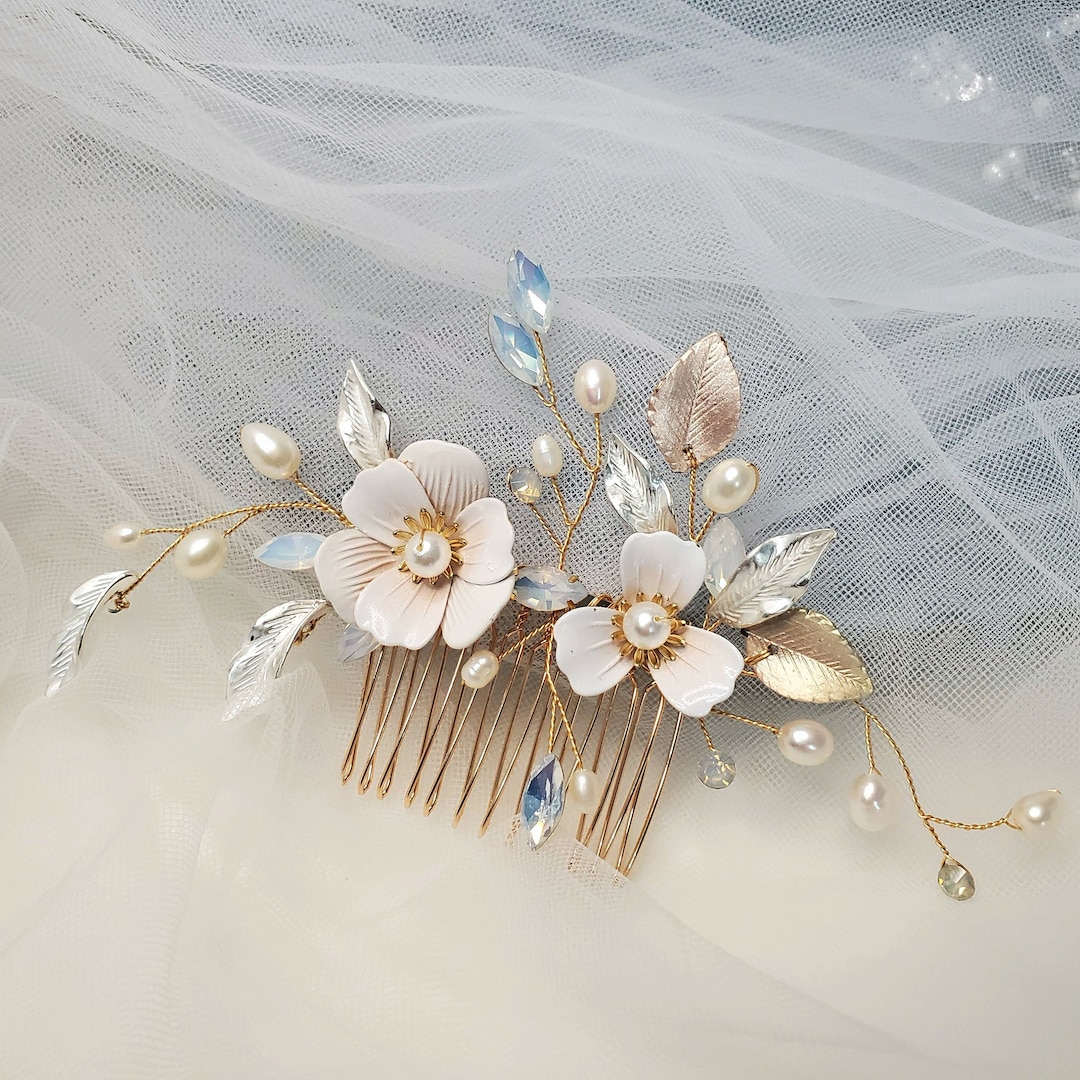 Metal Blush Enamel Flower Opals Pearl Rose Gold Leaf Floral Hair Comb ...